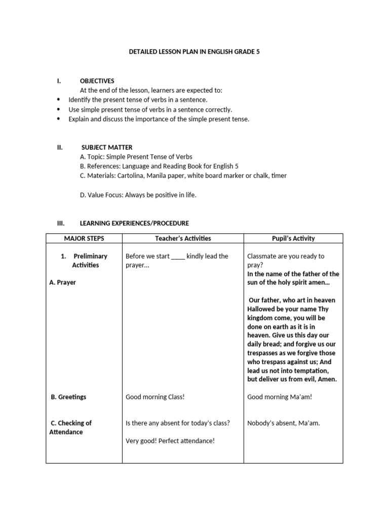 Detailed Lesson Plan in English Grade 5 (Listening) | PDF | Verb | Lord ...
