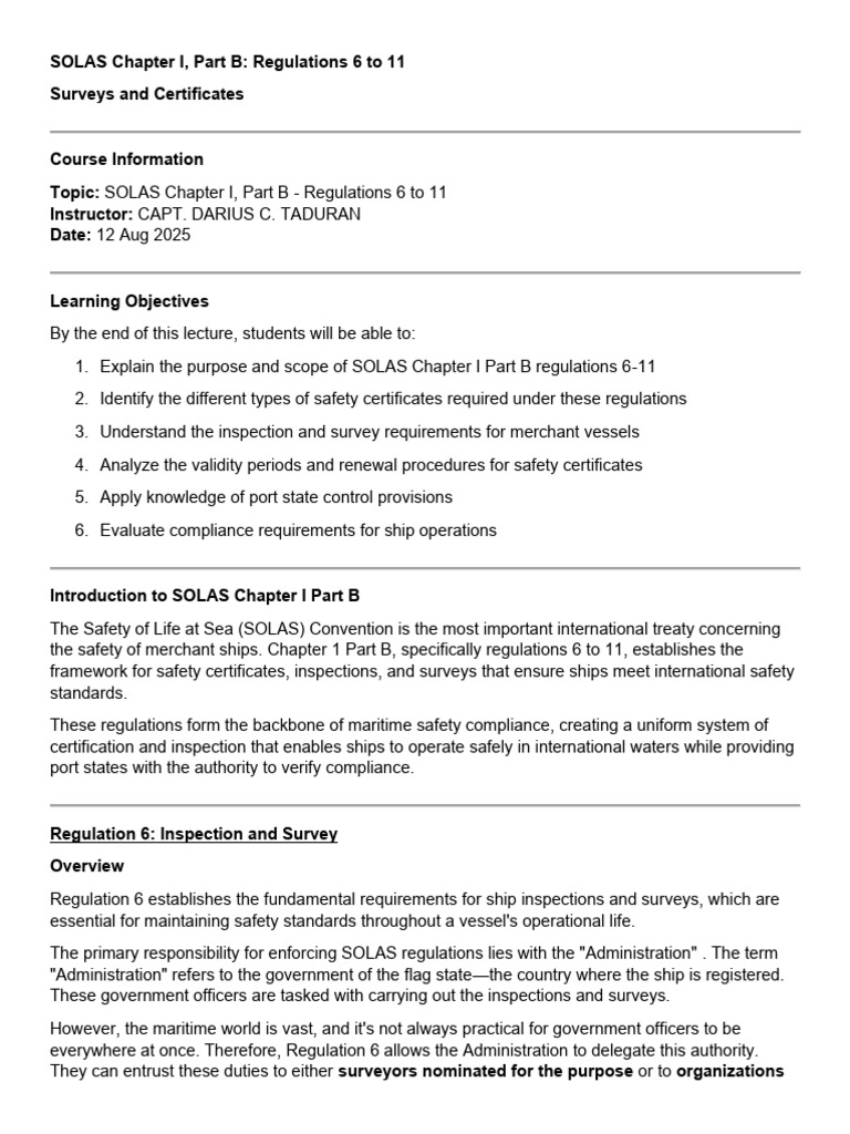 SOLAS Chapter I: Regulations 6-11 Overview | PDF