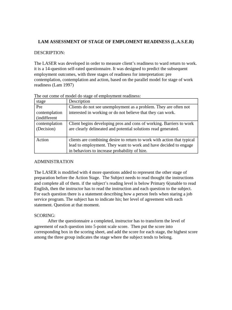 LASER Employment Readiness Assessment | PDF | Psychology ...