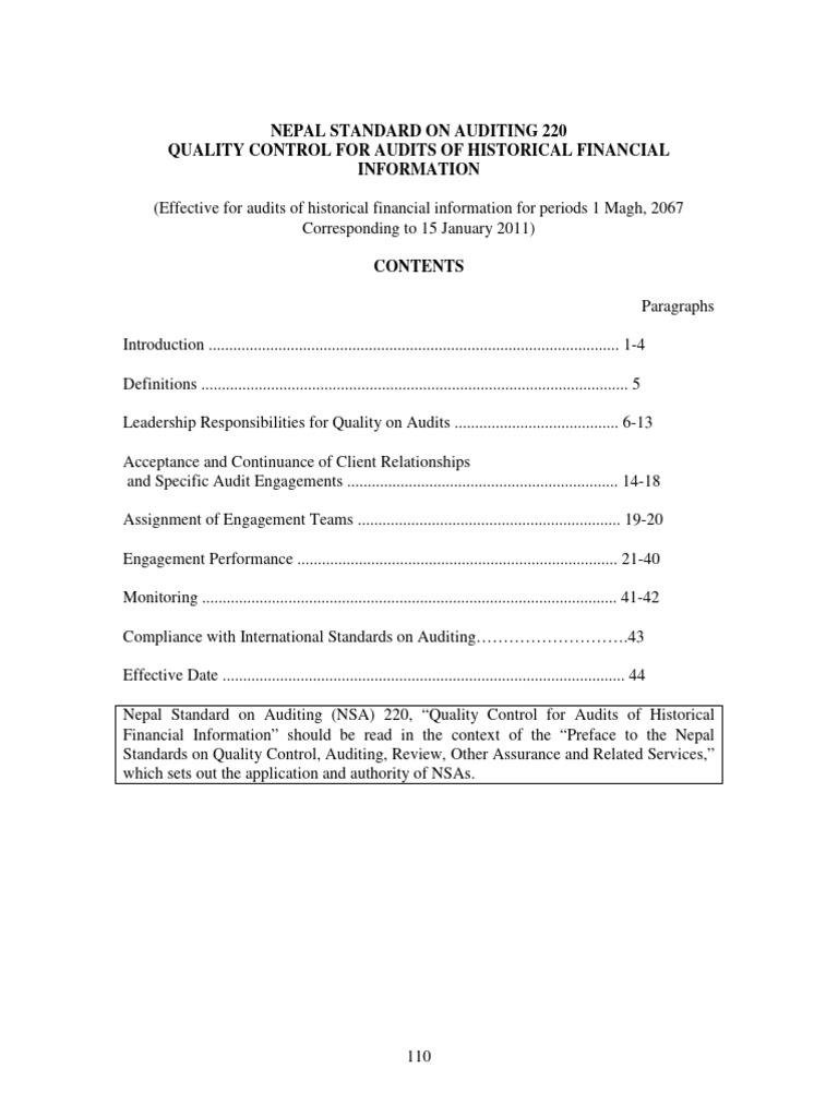 NSA 220: Audit Quality Control Standards | PDF | Audit | Auditor's Report