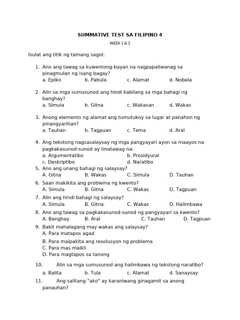 Summative Test Sa Filipino 4 | PDF