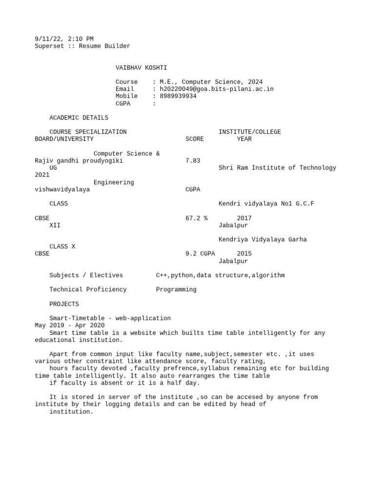 Superset Resume Builder | PDF