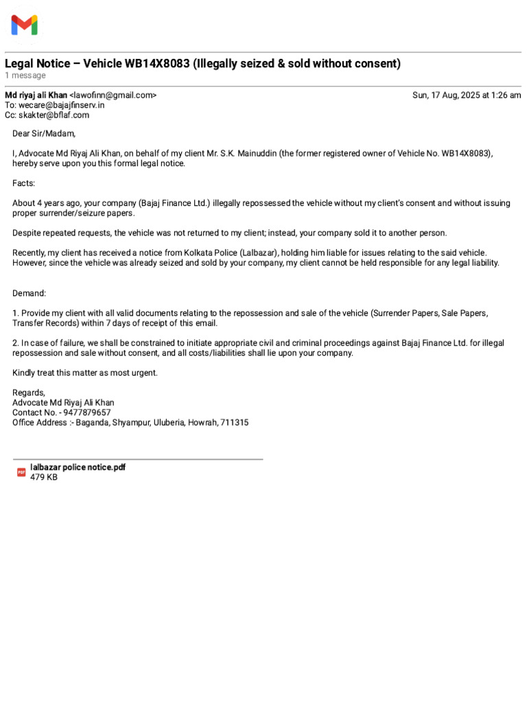 Legal Notice: Vehicle WB14X8083 Seizure | PDF
