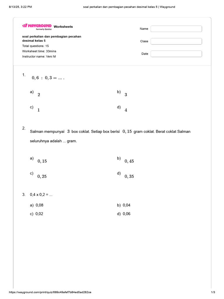 Soal Perkalian Dan Pembagian Pecahan Desimal Kelas 5 - Wayground | PDF