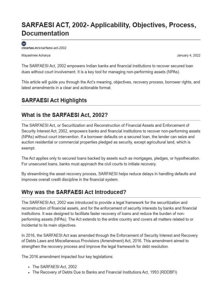 SARFAESI Act 2002: Key Procedures & Scope | PDF | Loans | Security Interest