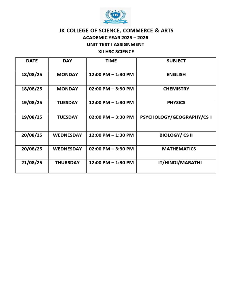 Xii HSC Science Unit Test I Assignment Time Table | PDF
