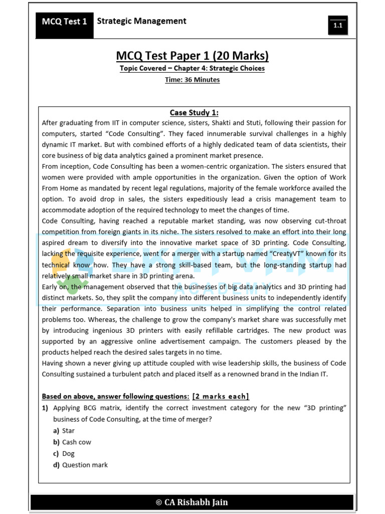 Strategic Management MCQ Test 1 | PDF | Business | Economies