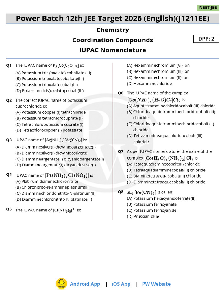 6898e357d1c52b1f6f0c201b_##_Coordination Compounds _ DPP 02 | PDF | Coordination Complex ...