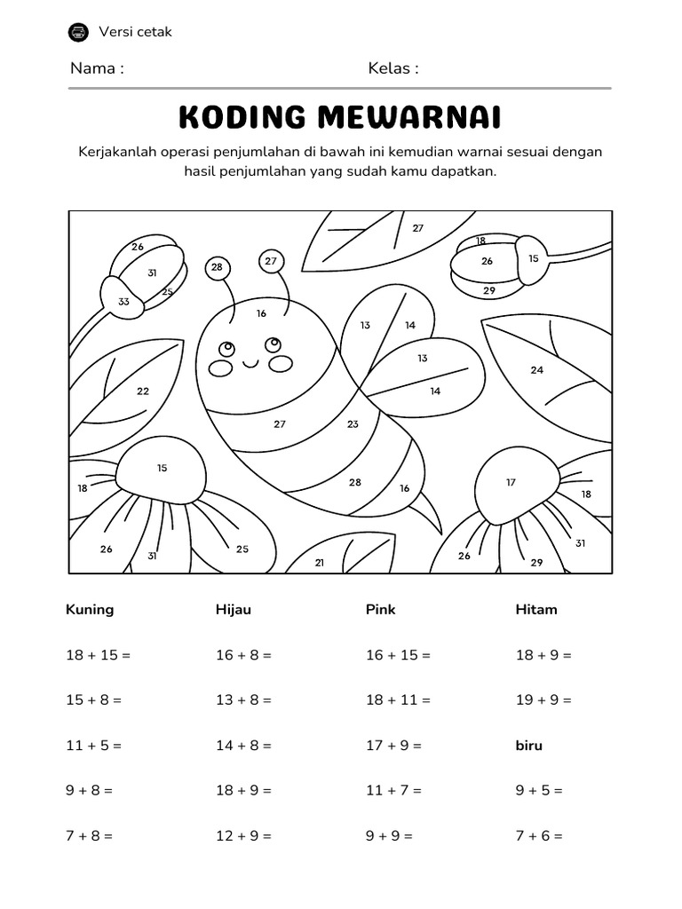 Koding Mewarnai Berdasarkan Penjumlahan Matematika Lembar Kerja | PDF