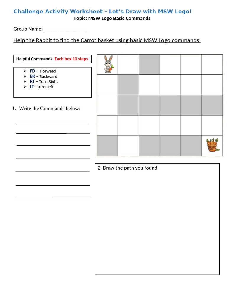 MSW Logo Commands Worksheet for Kids | PDF