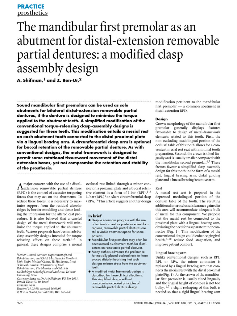 The Mandibular First Premolar As An Abutment For Distal-Extension ...