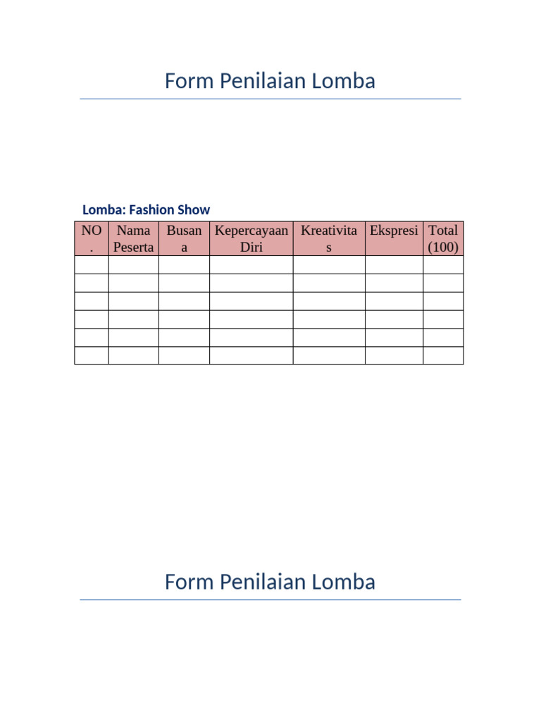 Form Penilaian Lomba Beragam Kategori | PDF