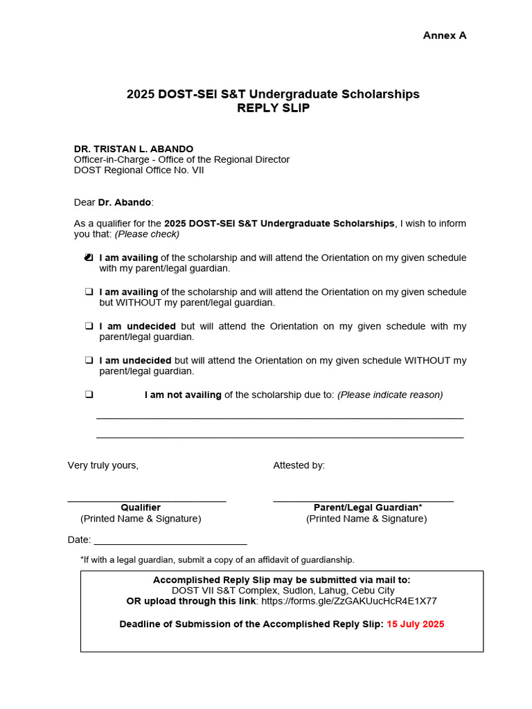 2025 DOST-SEI Scholarship Reply Slip | PDF