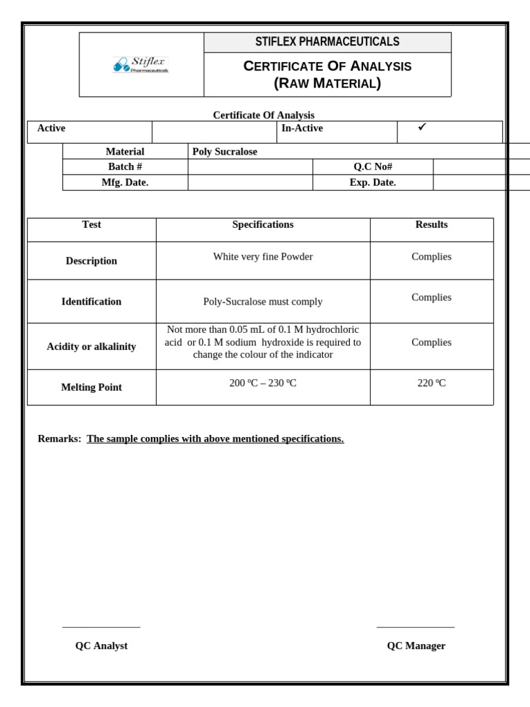 Certificate of Analysis for Poly Sucralose | PDF