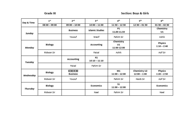 Grade XI Class Schedule Overview | PDF