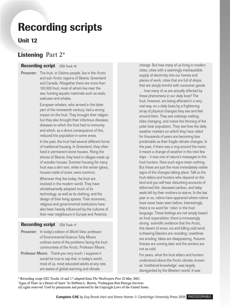 Complete Cae Advanced Unit12 Recording Script Student Version | PDF | Inuit | Arctic