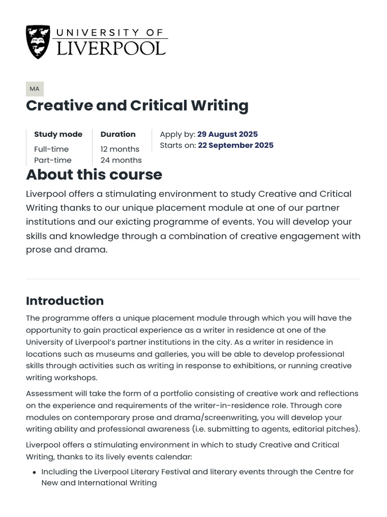 Creative Writing MA in Liverpool | PDF | Academic Degree | Postgraduate ...