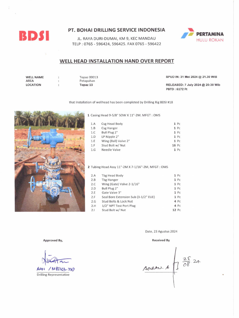 Well Head Installation HO Report Topaz 13, 14 & 15 (MS) | PDF