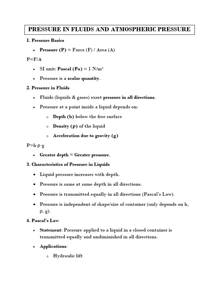 Class 9 Physics Notes (Pressure in Fluids and Atmospheric Pressure ...