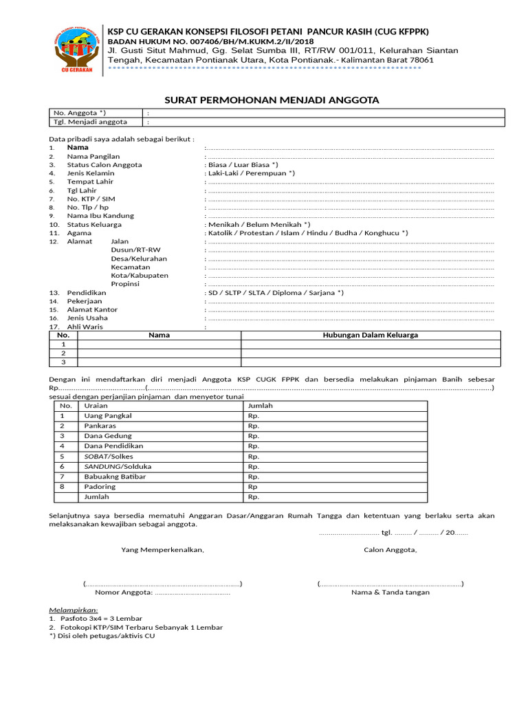 Formulir Pendaftaran Anggota KSP CU | PDF