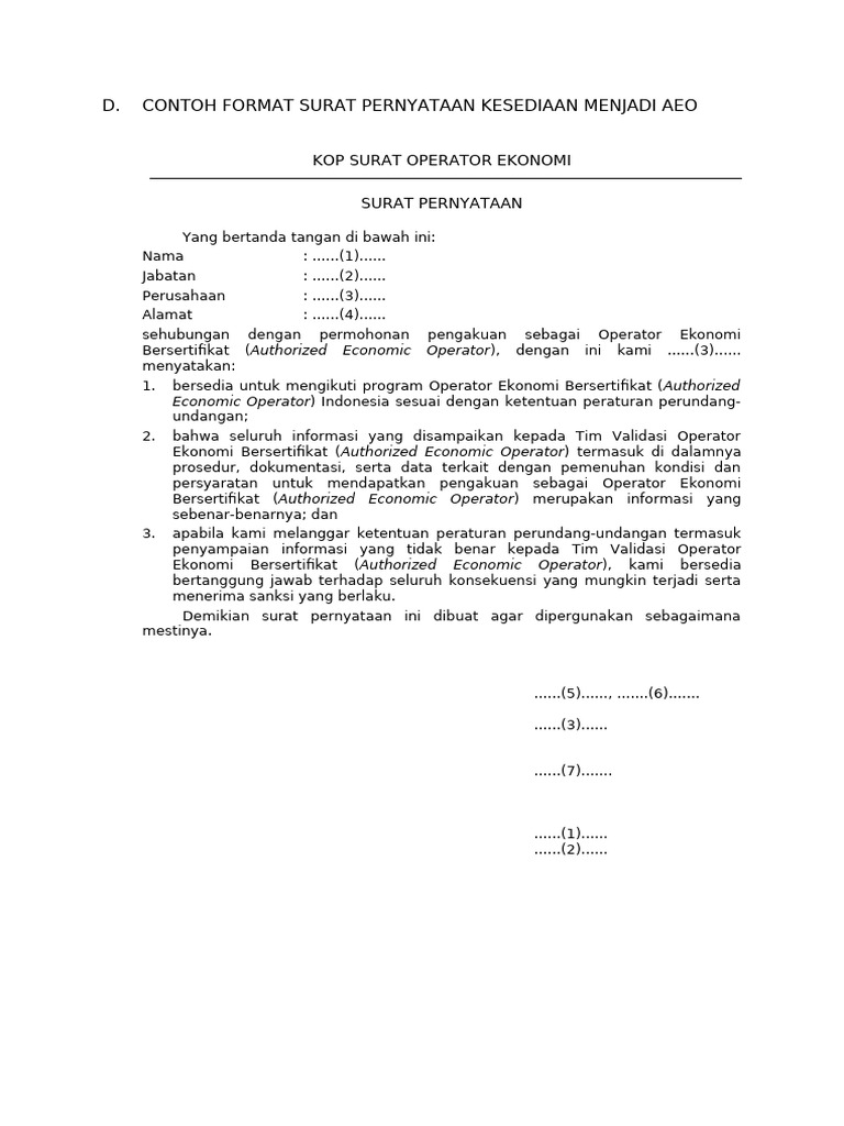 Format Surat Pernyataan AEO | PDF