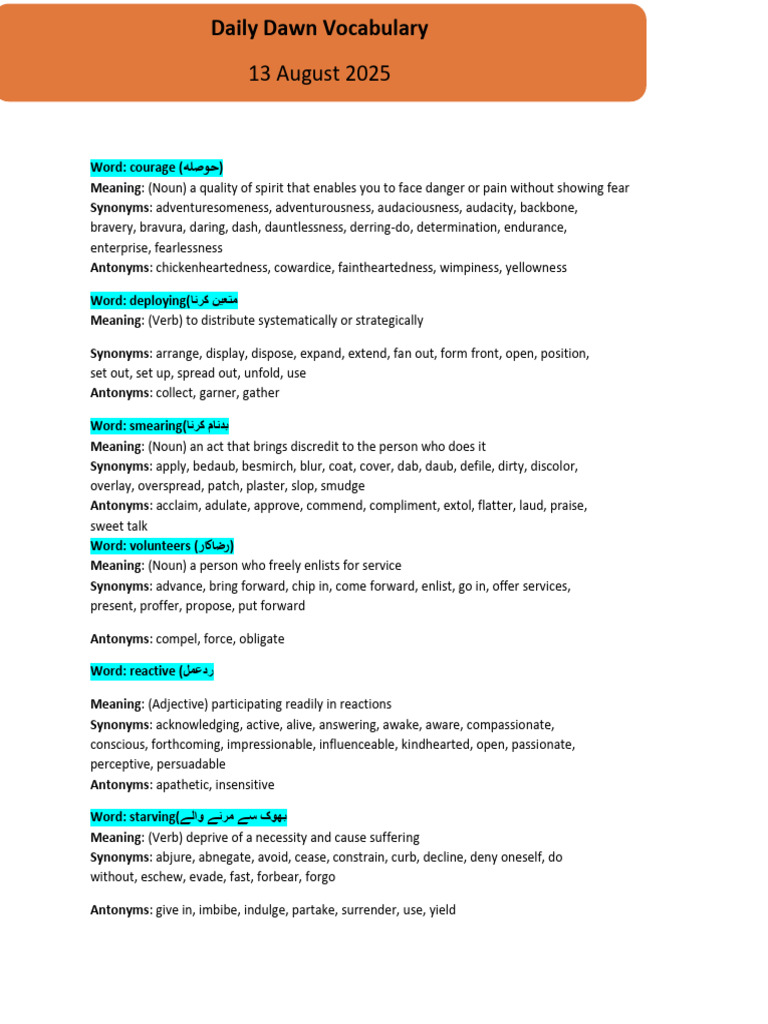13 August 2025 Daily Dawn Vocabulary | PDF | Lexical Semantics | Syntax