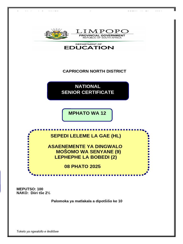 Sepedi HL p2 Grade 12 Task 9 Asaenemente Ya Dingwalo 2025 QP | PDF