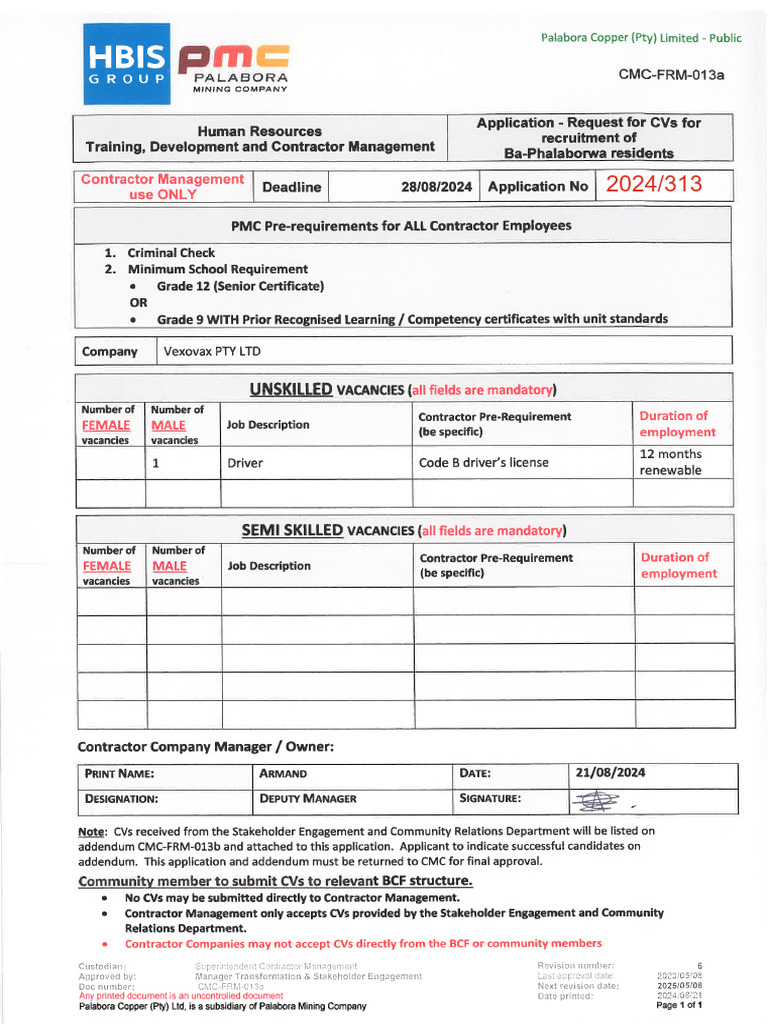 2024.313 - Request For CVs - Vexovax | PDF