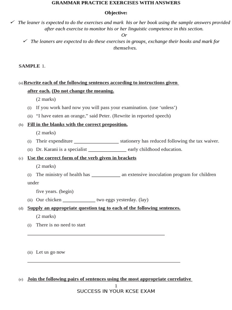 Kcse 2025 Sample Grammar Questions and Answers | PDF | Verb | Question