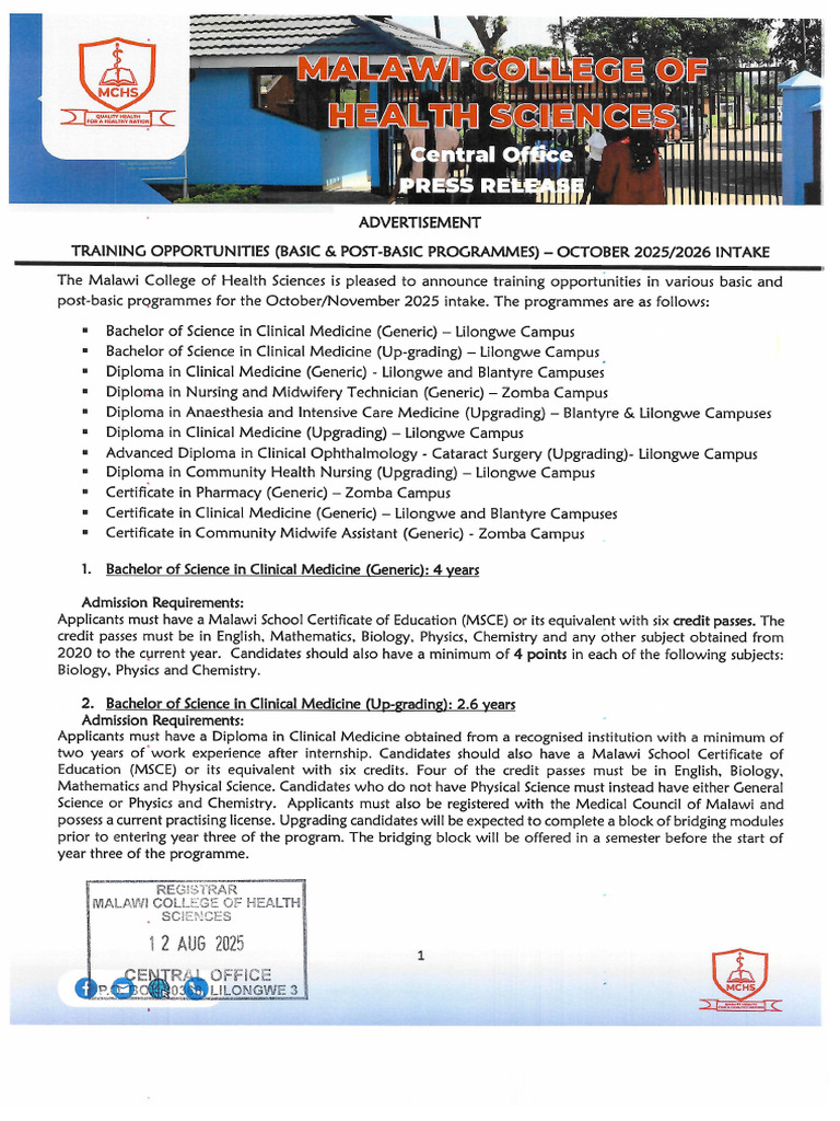 MCHS_ADVERT_OCT_2025 INTAKE | PDF