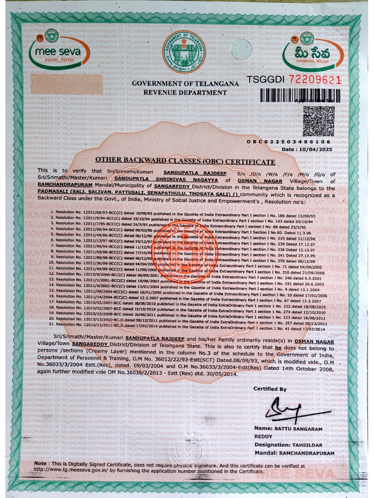Obc NCL Certificate S Rajdeep | PDF | Empowerment | Politics Of India