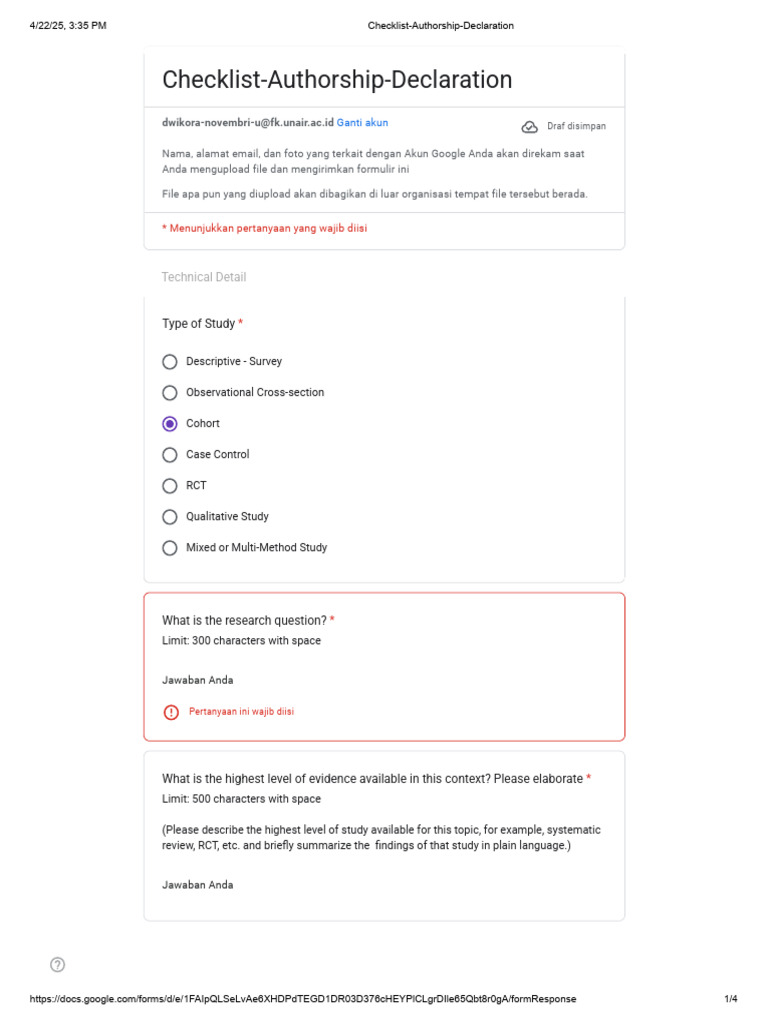 Checklist Authorship Declaration Form 4 | PDF | Cognition | Research Methods
