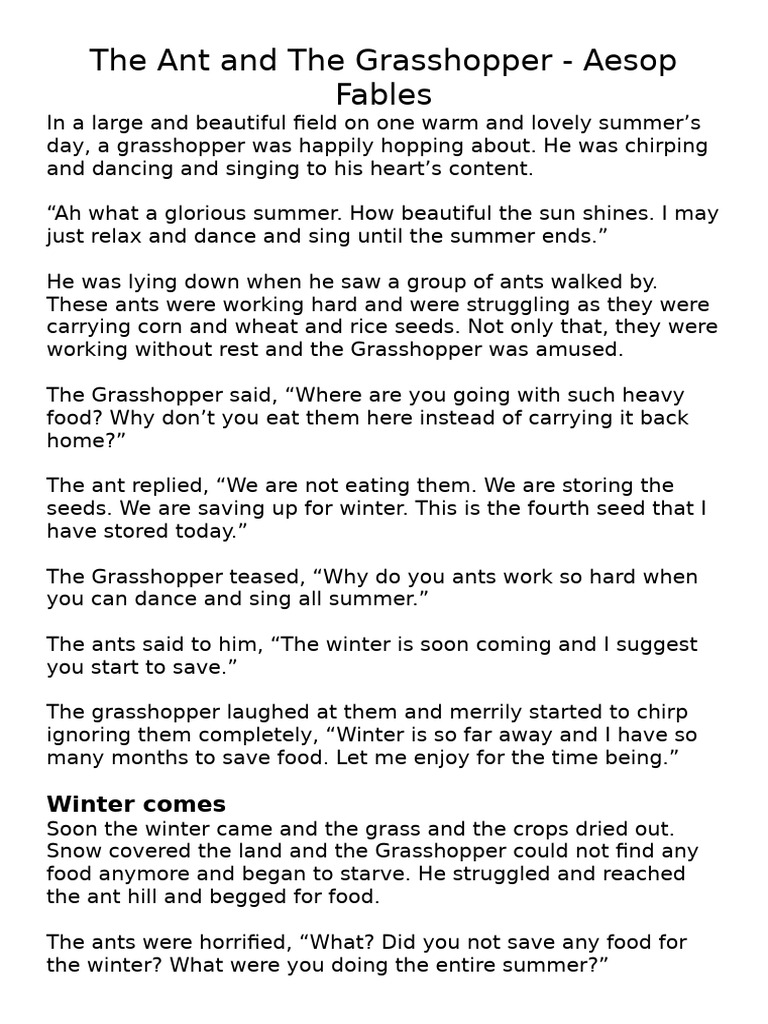 The Ant and The Grasshopper Fable | PDF