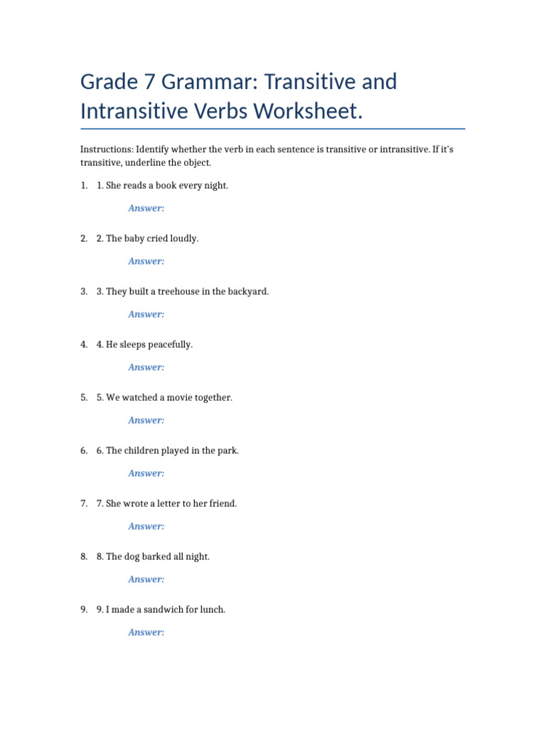 Transitive and Intransitive Verbs Worksheet | PDF