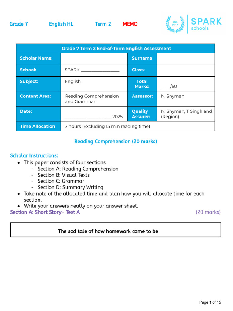 2025 Grade 7 - Term 2 - Reading Comp - Grammar - MEMO | PDF | Homework ...