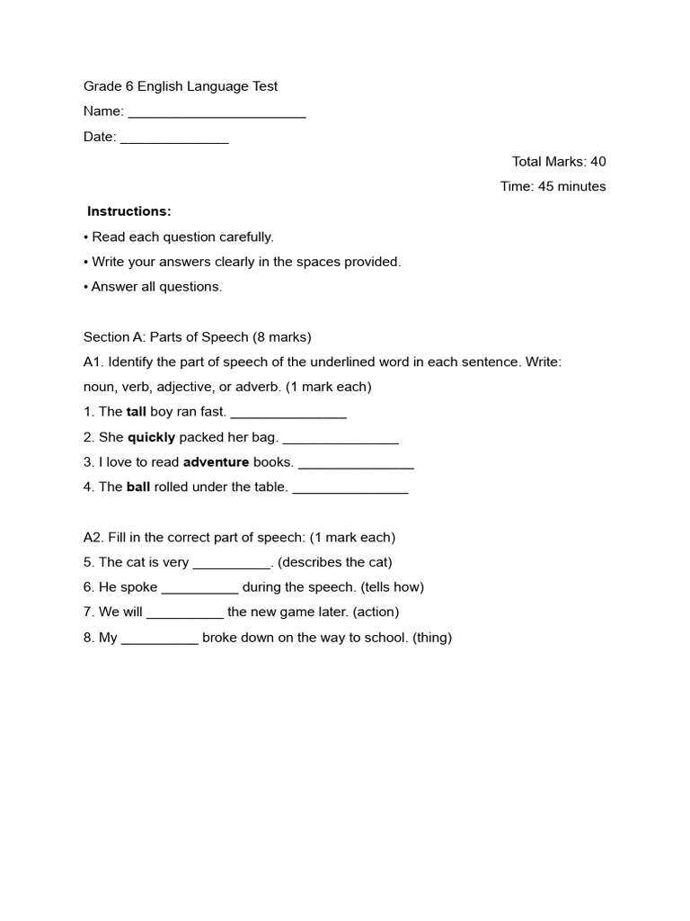 Grade 6 English Language Test Guide | PDF | Part Of Speech | Linguistic ...