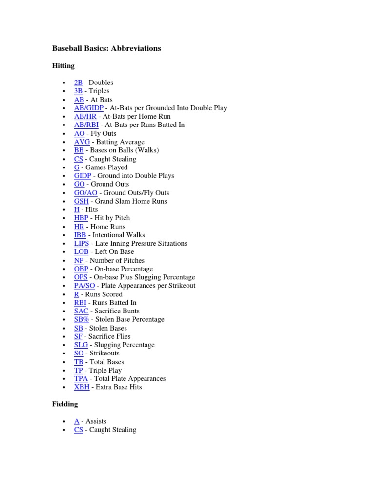 Baseball Abbreviations | PDF | Pitcher | Home Run