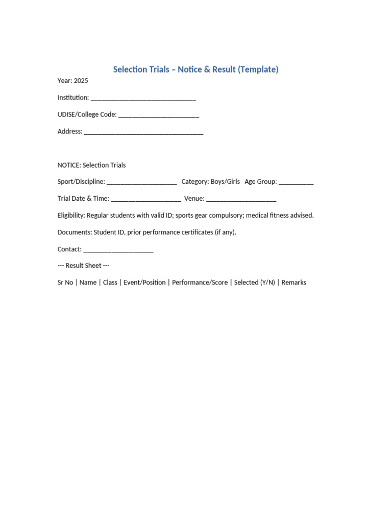 06 Selection Trials Notice and Result Sheet | PDF