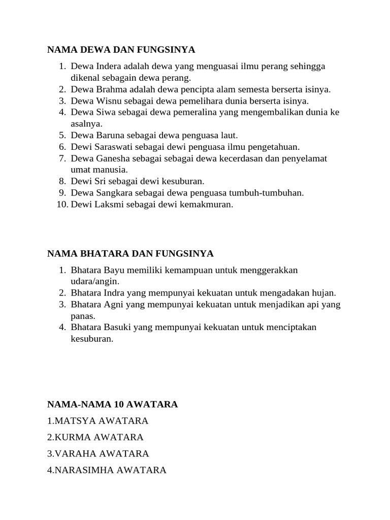 Nama Dewa Hindu dan Fungsinya | PDF