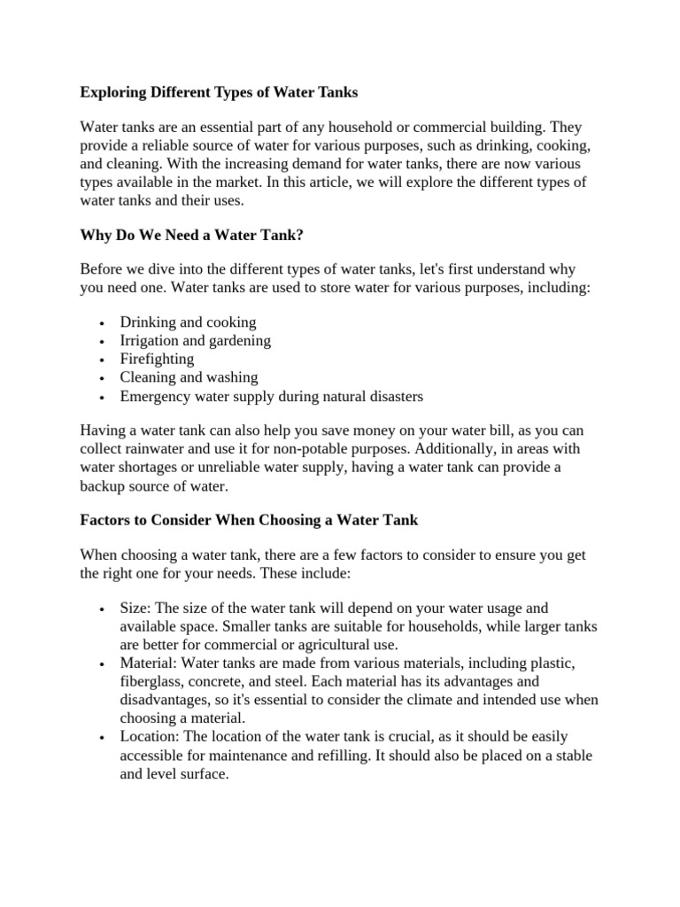 Exploring Different Types of Water Tanks | PDF | Fiberglass | Water