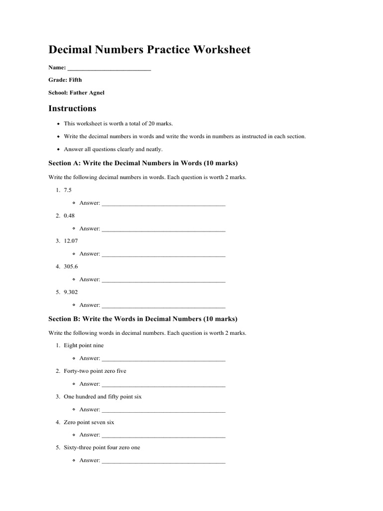 Decimal Numbers Worksheet for Grade 5 | PDF