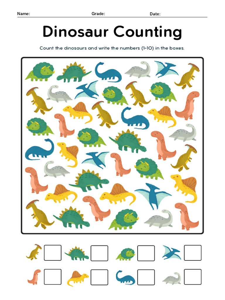 Dinosaur Counting Worksheet in Colorful Cute Style | PDF