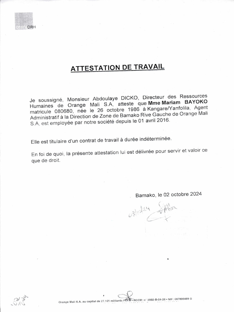 Attestation d'emploi de Mariam Bayoko | PDF