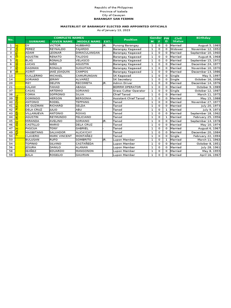 Barangay San Fermin Officials List | PDF