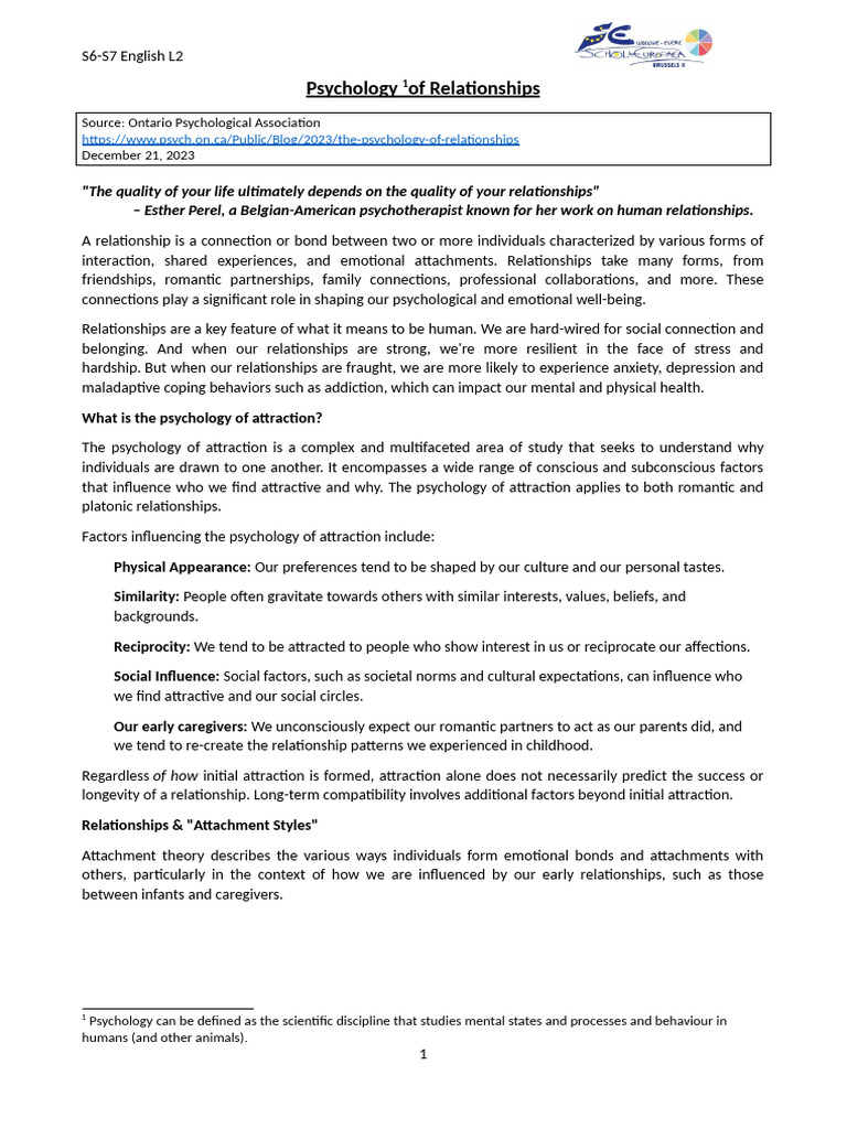 Relationships in Literature Handout | PDF | Attachment Theory ...