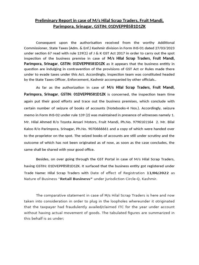 GST Inspection Report: Hilal Scrap Traders | PDF | Taxes | Public Finance