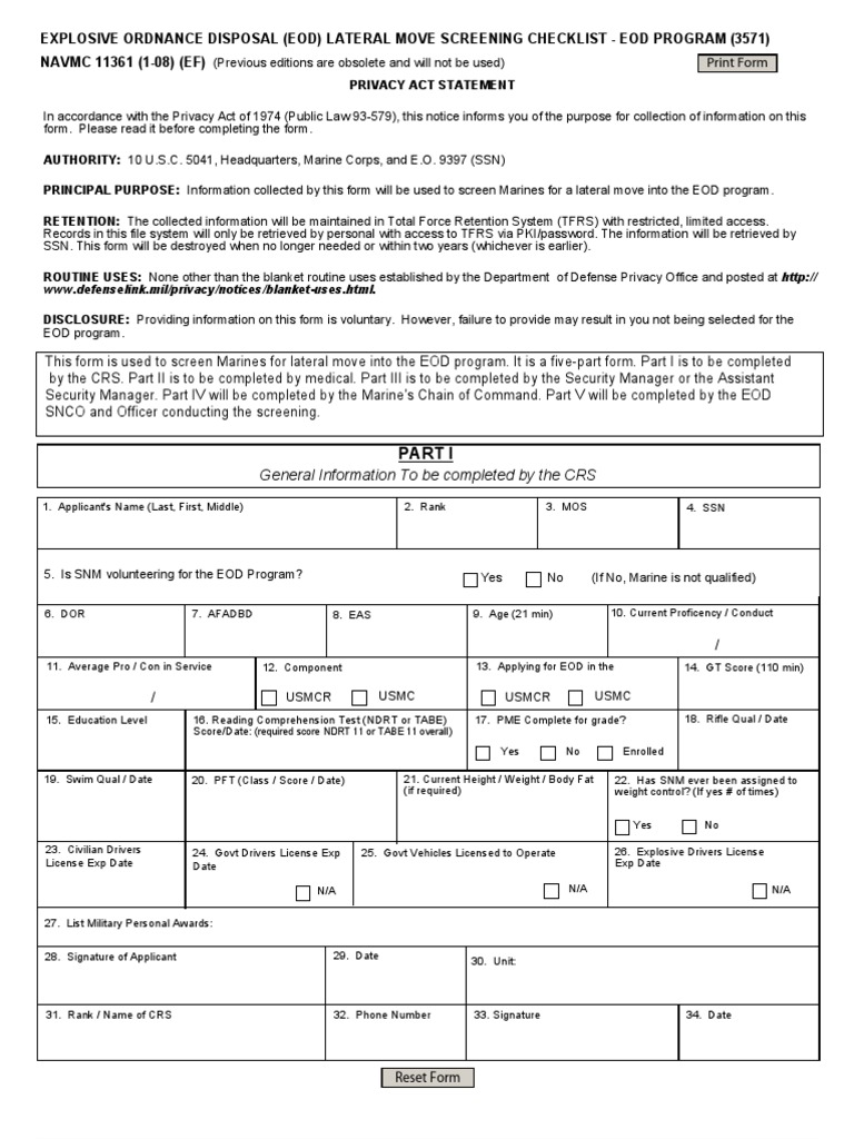 NAVMC 11361 EOD Screening Checklist | Security Clearance | United ...