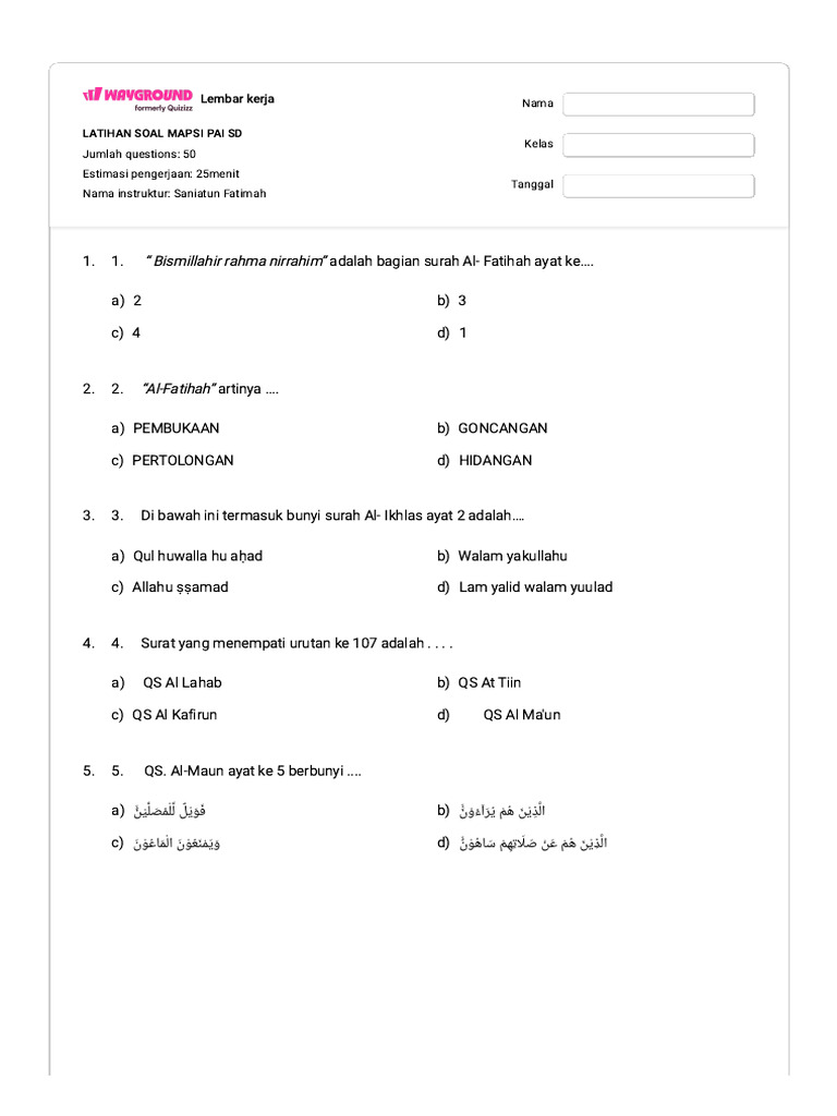 Latihan Soal MAPSI PAI SD 50 Pertanyaan | PDF
