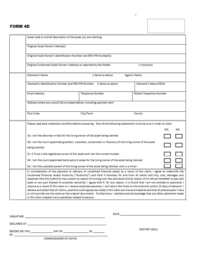 Unclaimed Financial Assets Claim Form | PDF | Notary Public | Common Law
