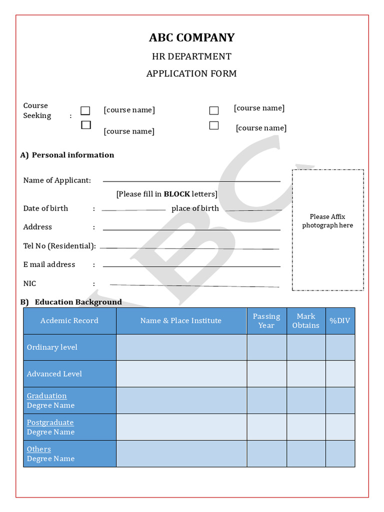 ABC Company HR Application Form | PDF